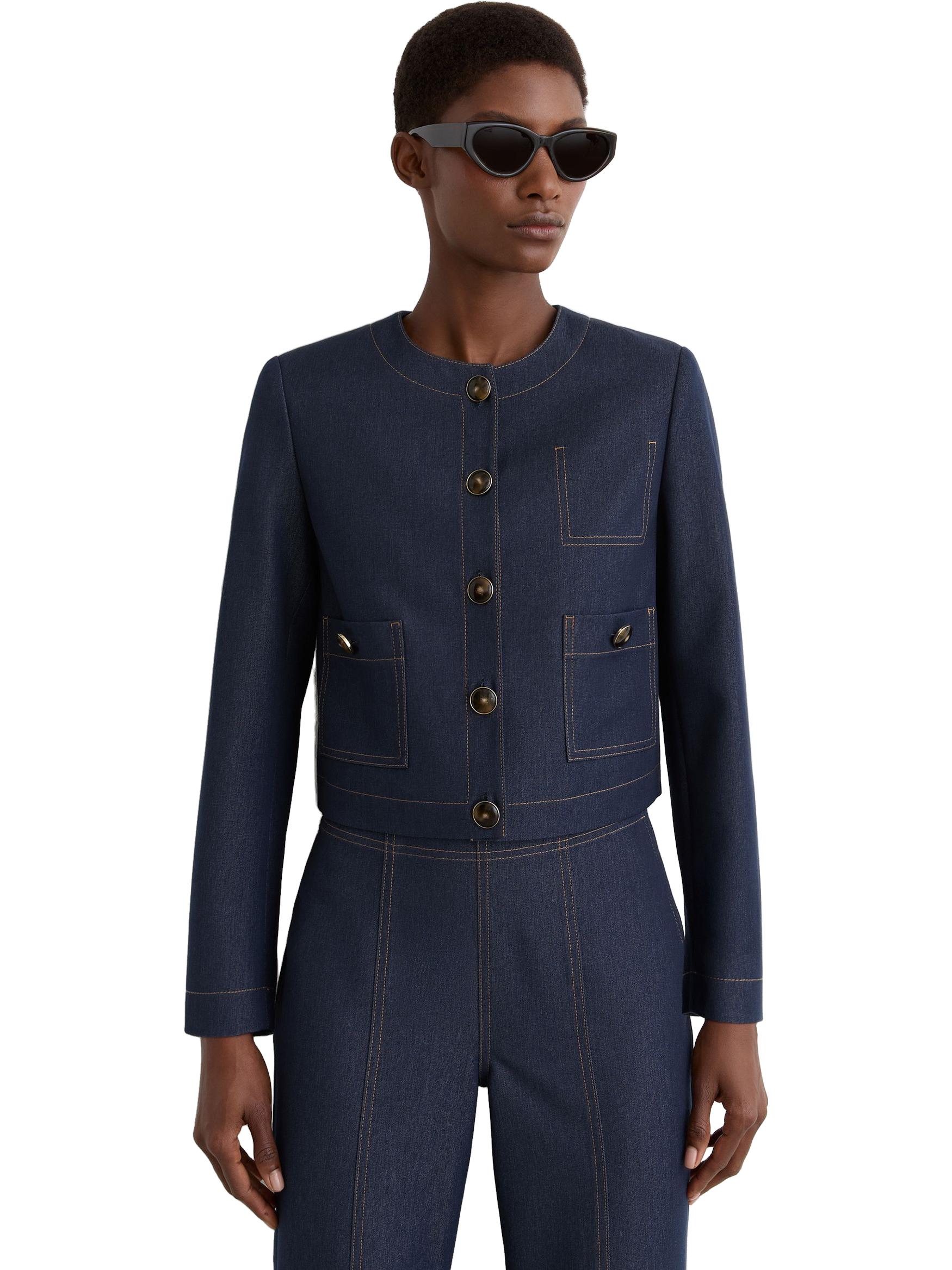 REISS Edie Collarless Denim-Look Cropped Jacket